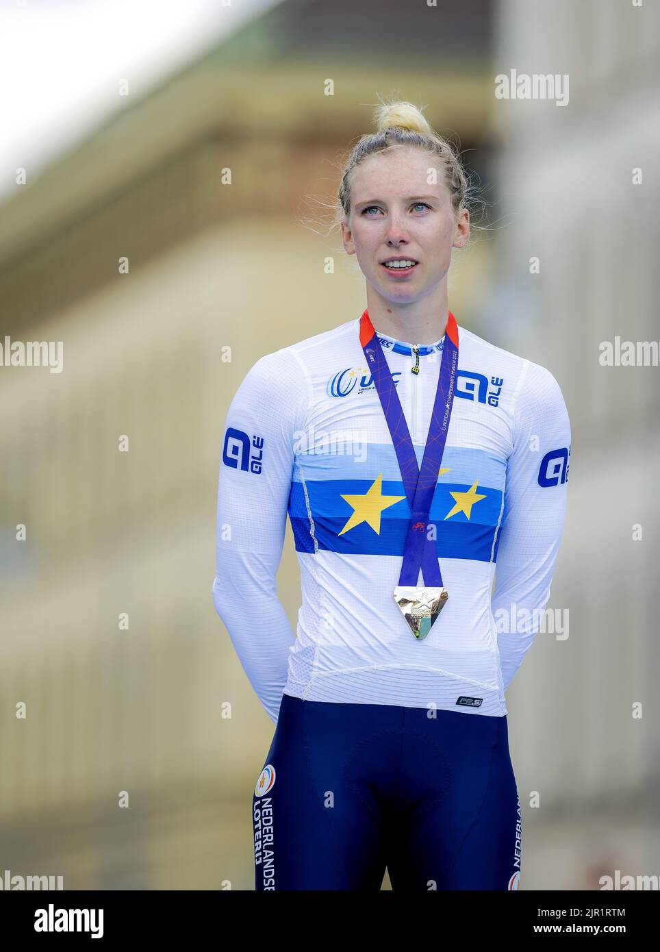 MUNICH - Lorena Wiebes with her gold medal during the ceremony of the ...