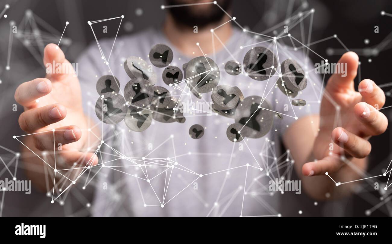 A person's hands touching global network and data customer connection ...
