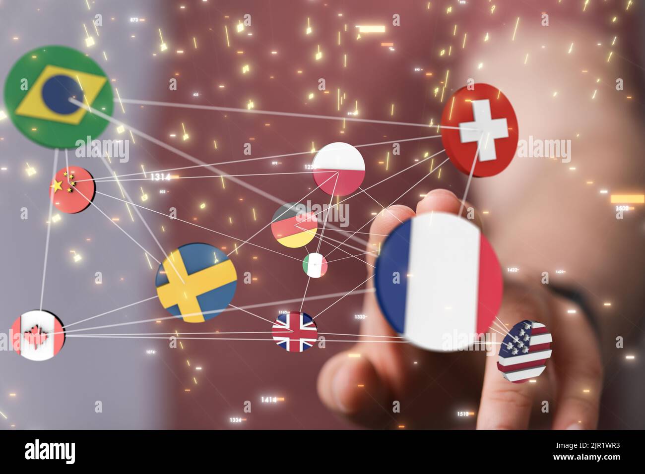 An interconnected network of international flying flag icons- global ...