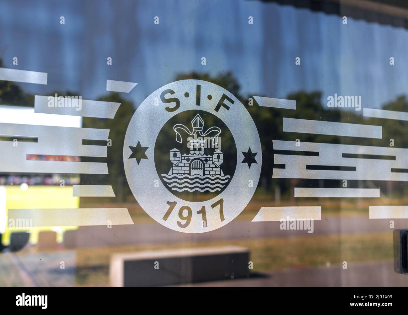 Silkeborg, Denmark - August 2022: Silkeborg IF logo on the entrance to ...