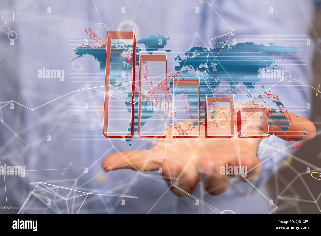 An illustrated chart and the world map over a person's hand visualizing ...