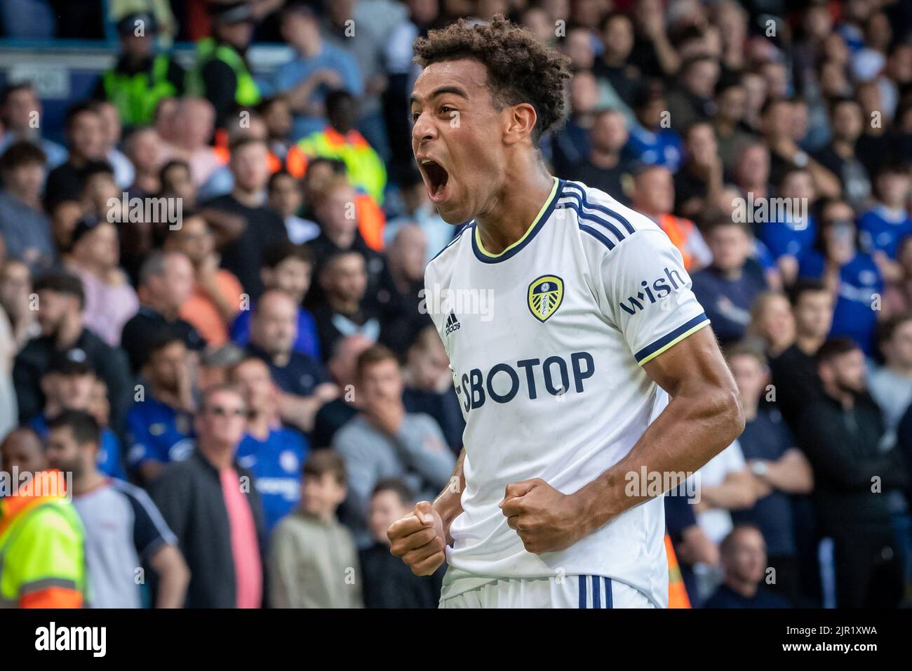 Tyler Adams #12 of Leeds United celebrates the opening goal scored by ...