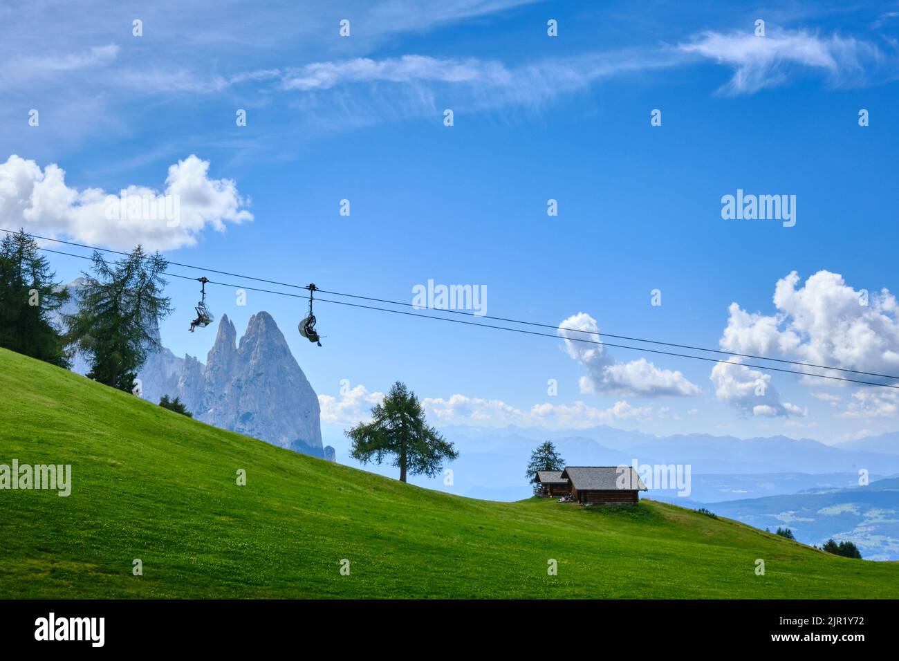Cable car on the Alpe di Siusi, Seiser Alm, high alpine meadow in the ...
