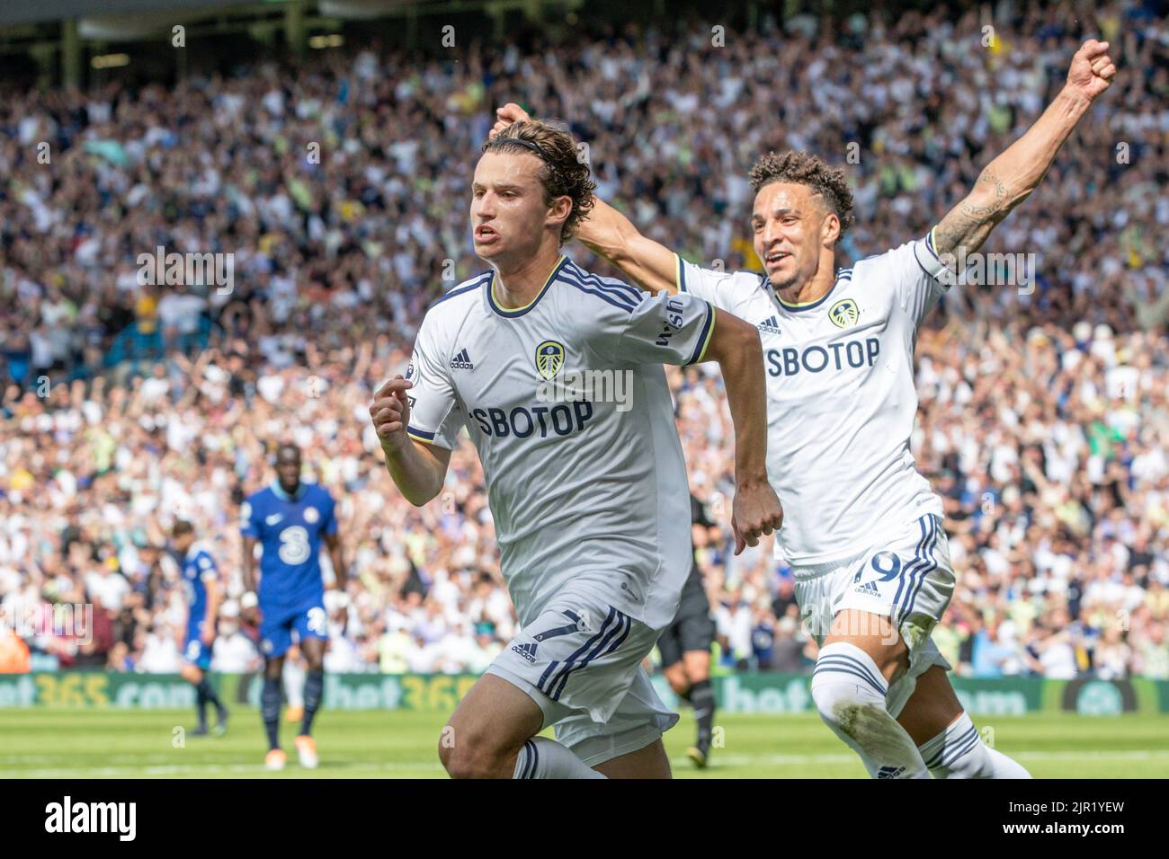 Brenden Aaronson #7 of Leeds United celebrates his goal with Rodrigo ...