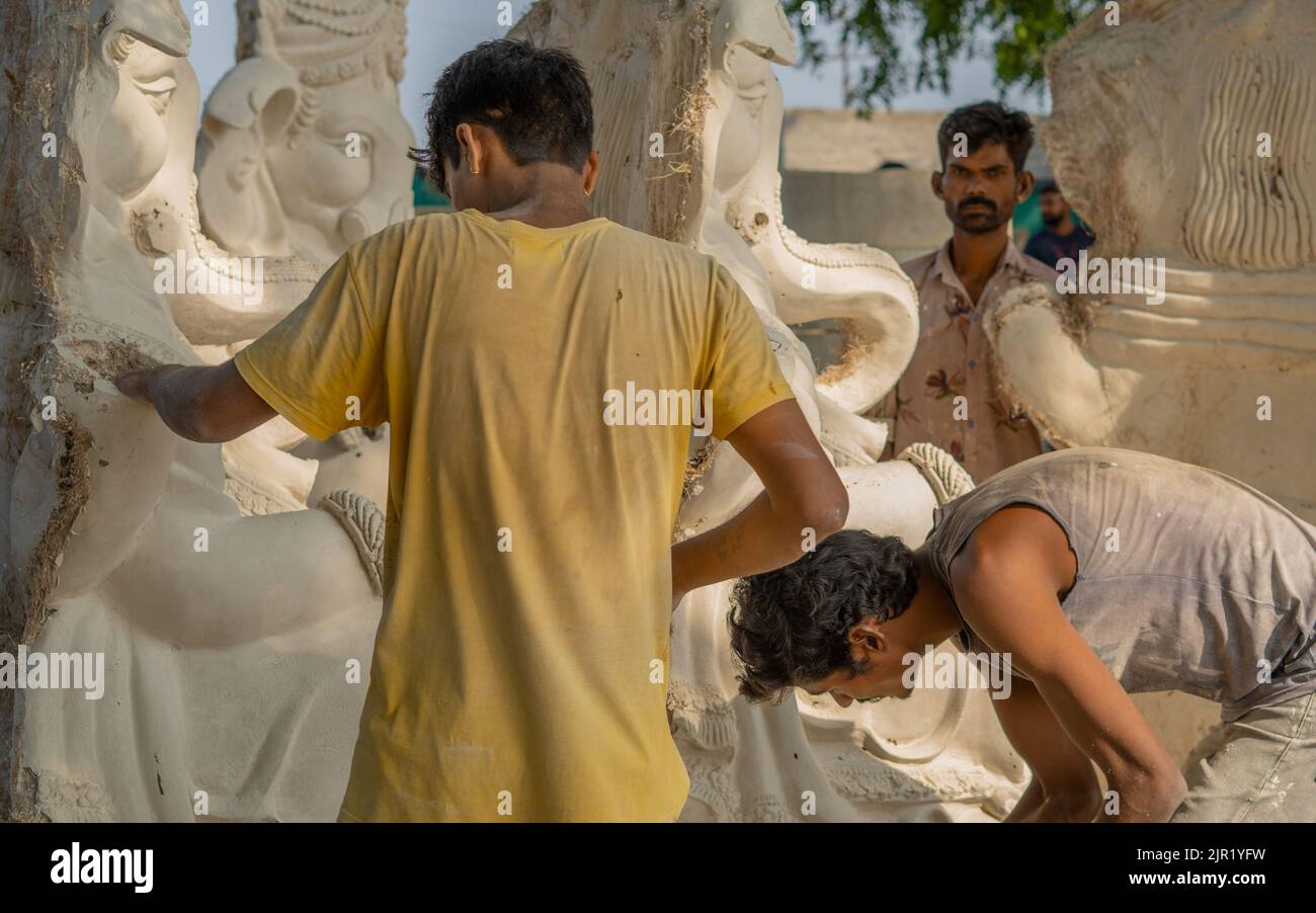 Pileru, India - July 28,2022: Labour making the ganesha idols.Ganesha ...
