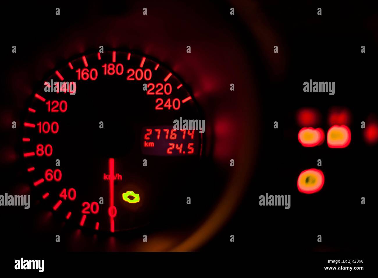 Illuminated speedometer of a famous Italian car with engine failure ...