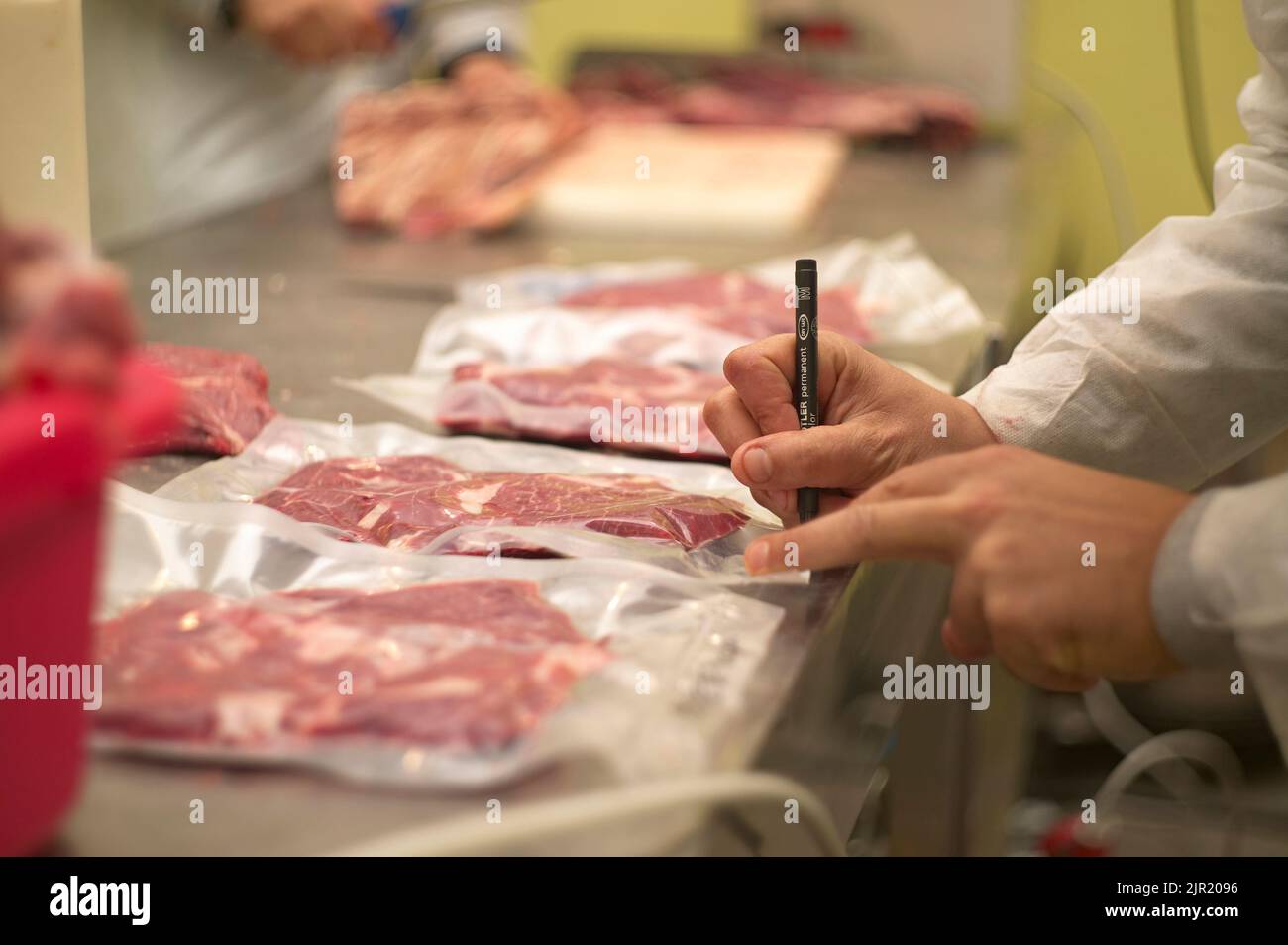 department of a butcher's shop where pieces of meat are cut and then ...