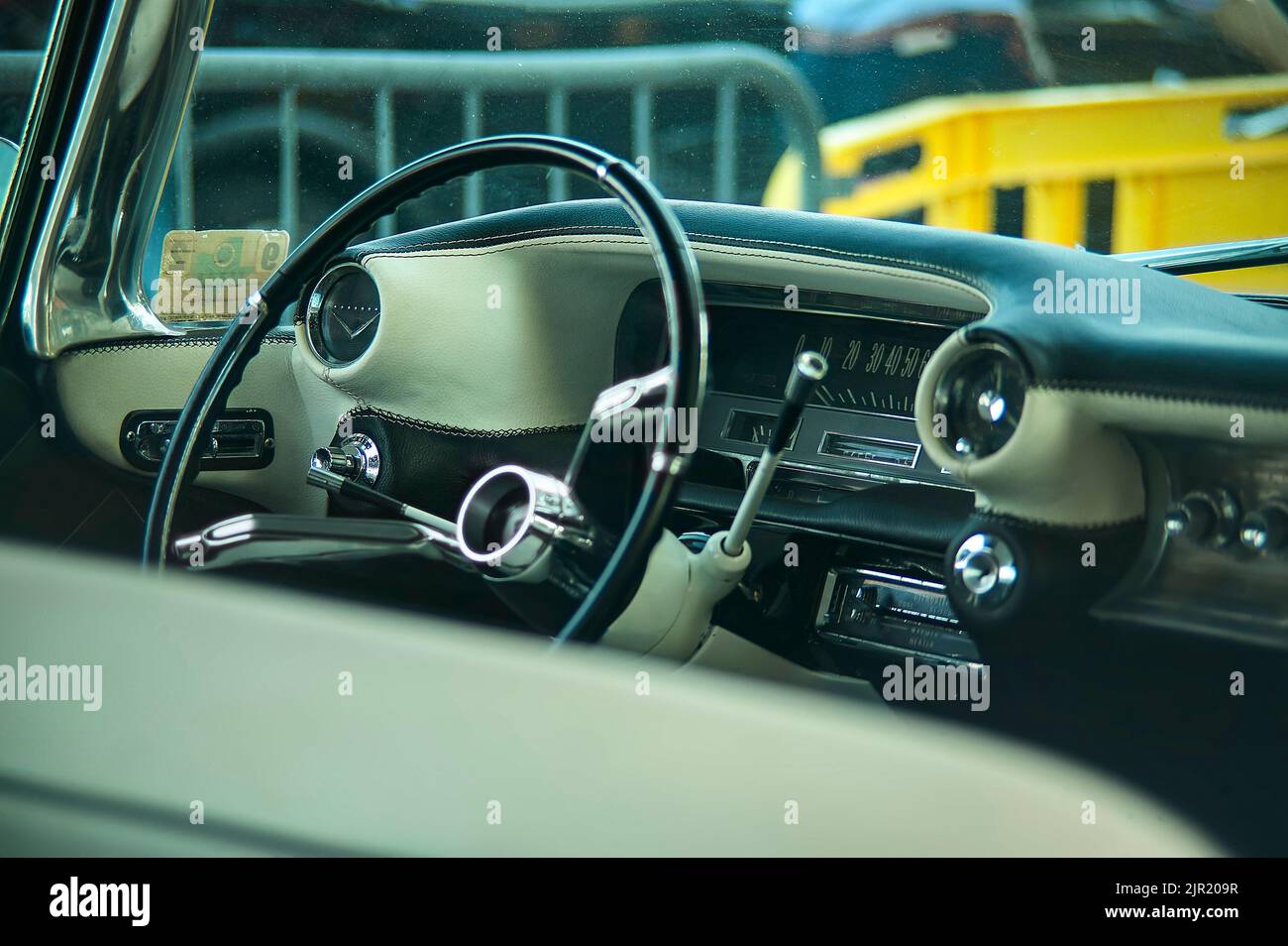 View of dashboard, steering wheel, indicators and timing gauges of a ...