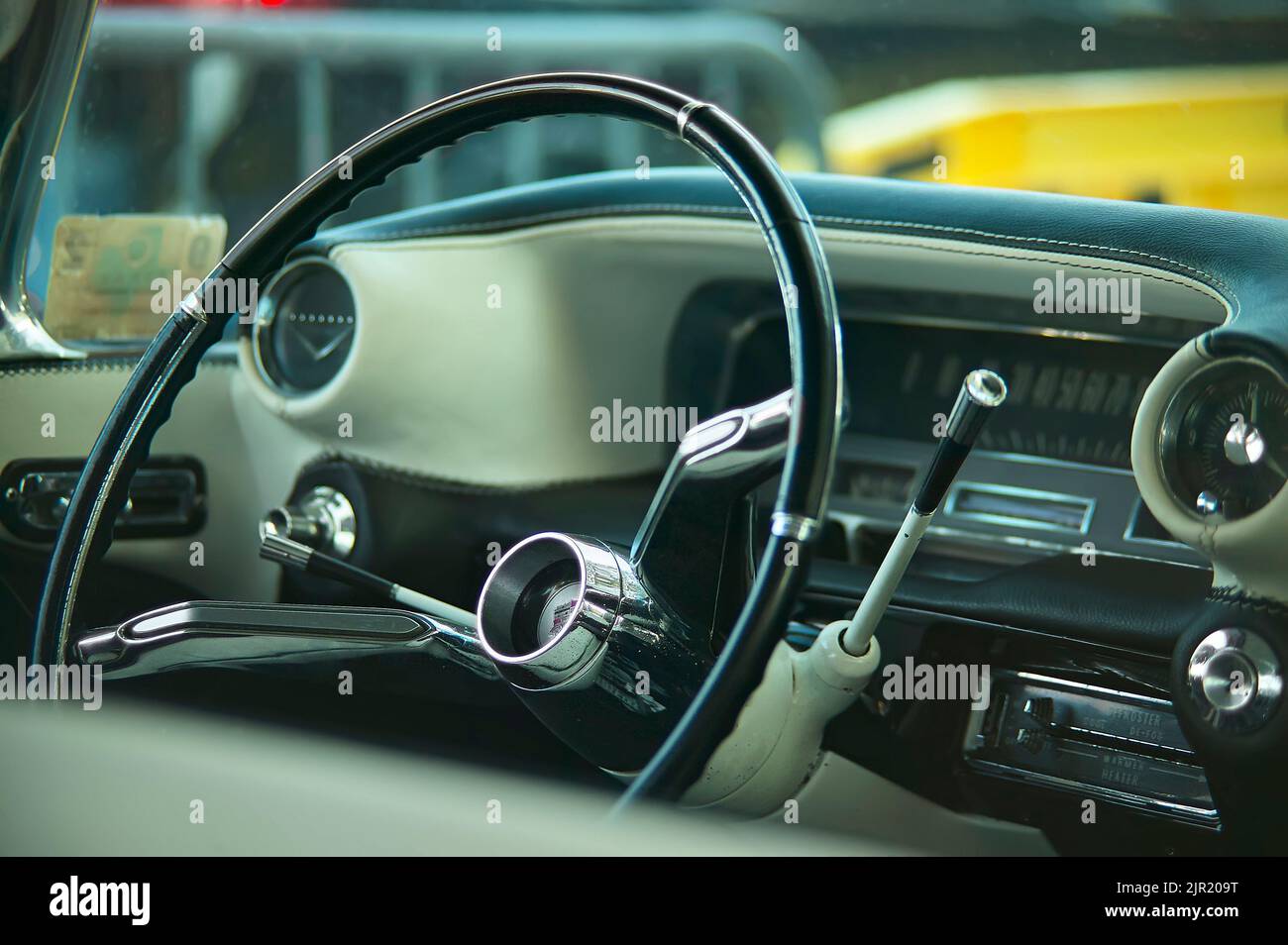 View of dashboard, steering wheel, indicators and timing gauges of a ...