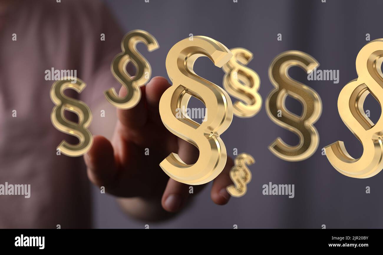 A man's hand touching 3D paragraph symbols of law Stock Photo - Alamy