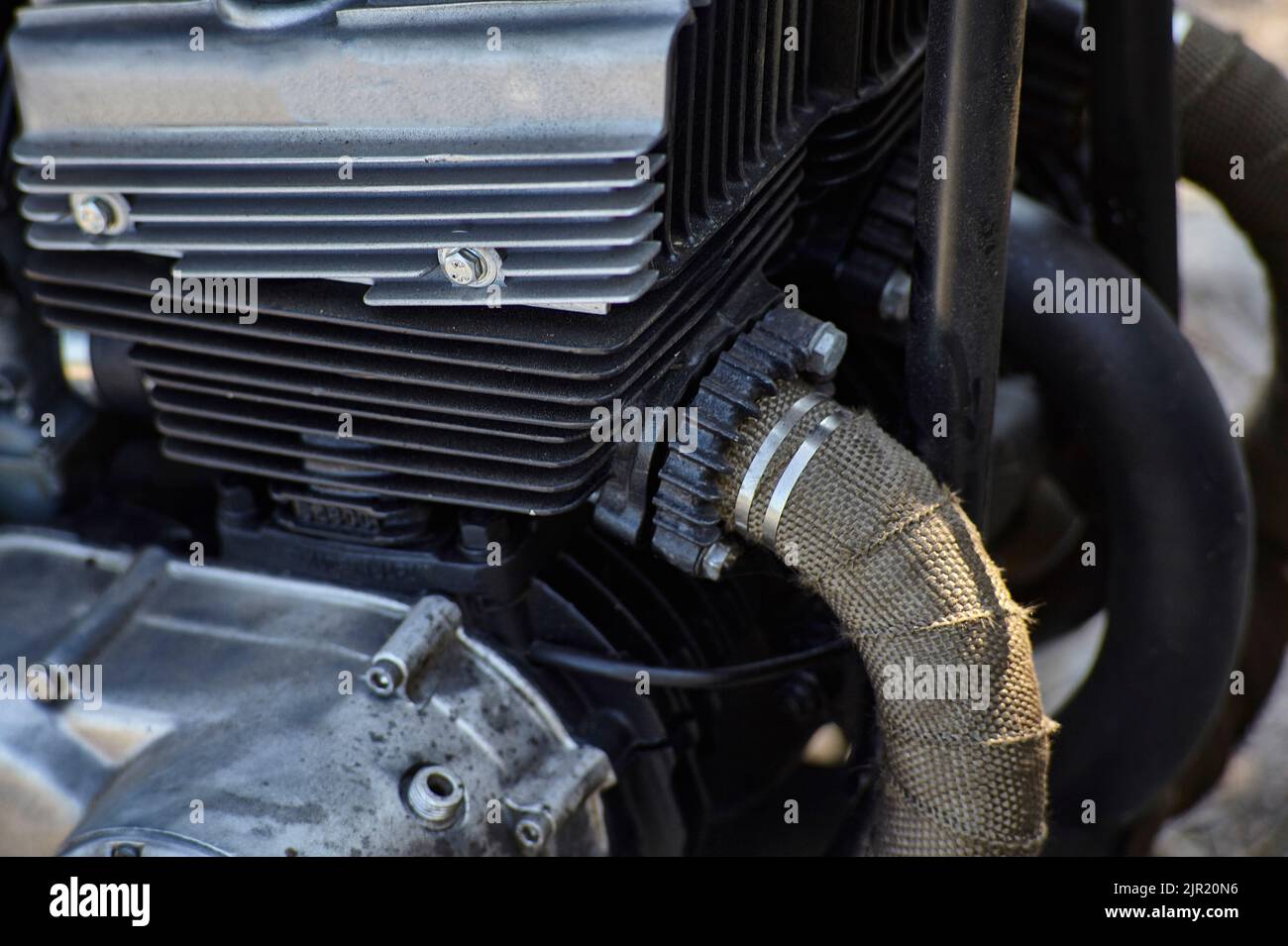 Detail of the head, the engine body, the crankcase, and the exhaust ...