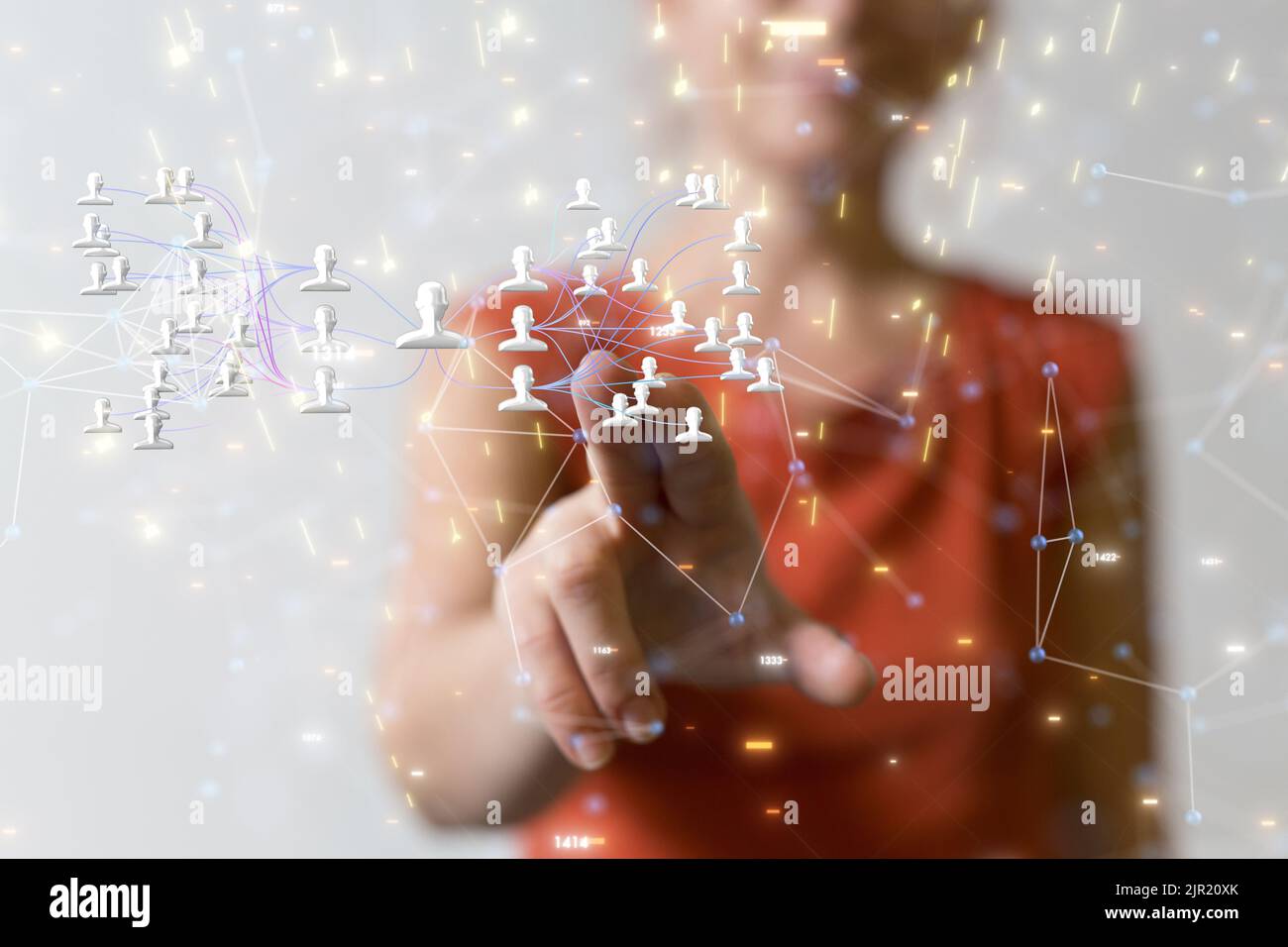 A finger touching a 3d rendering of floating connected profile icons Stock Photo - Alamy