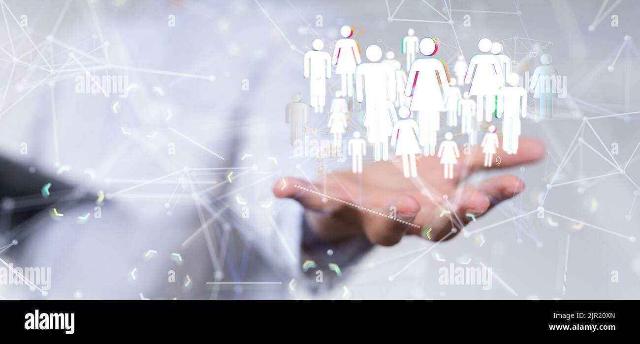 A 3d rendering of connected profile icons floating on a palm of a hand Stock Photo - Alamy