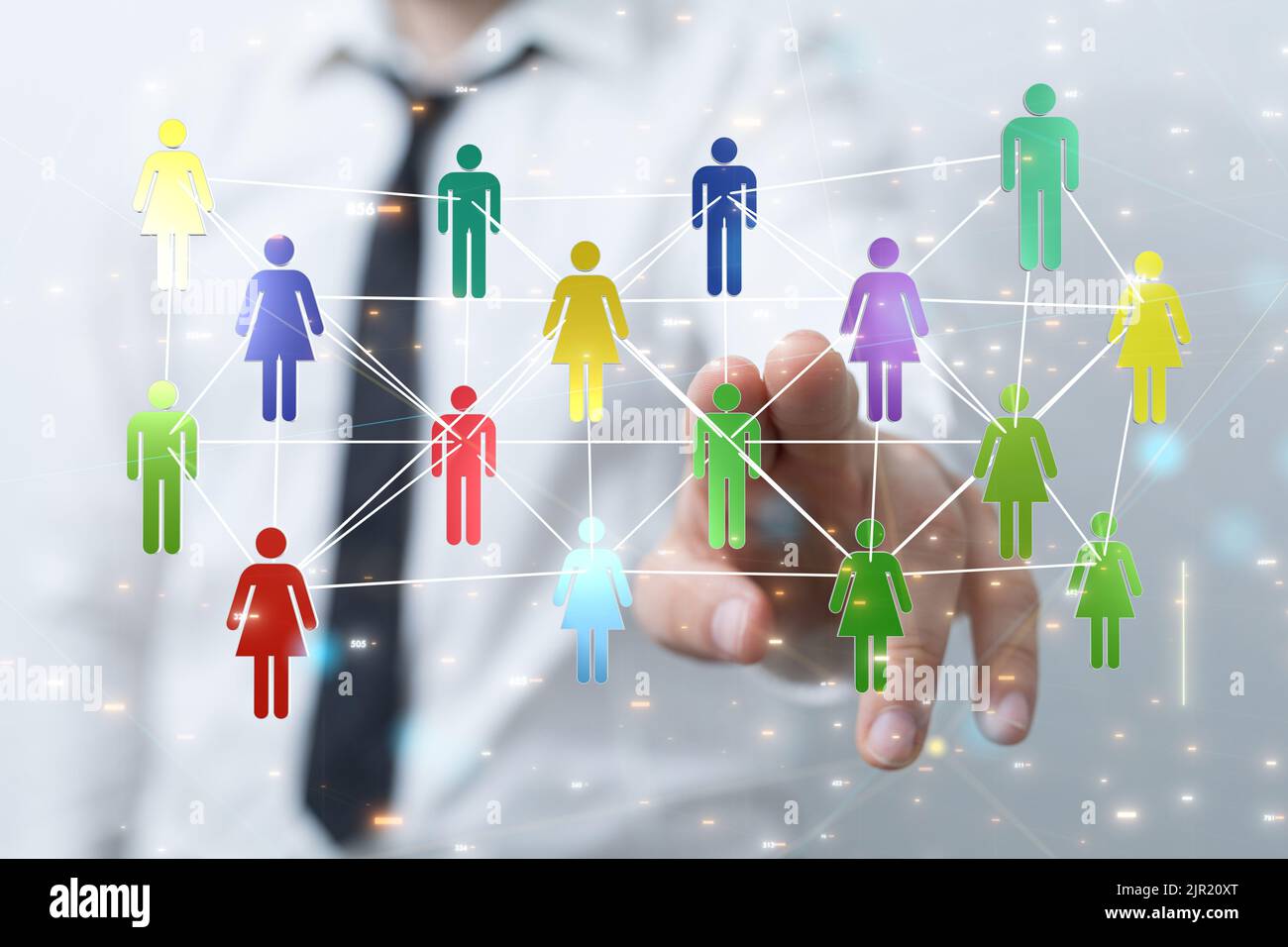 A finger touching a 3d rendering of floating connected profile icons Stock Photo - Alamy
