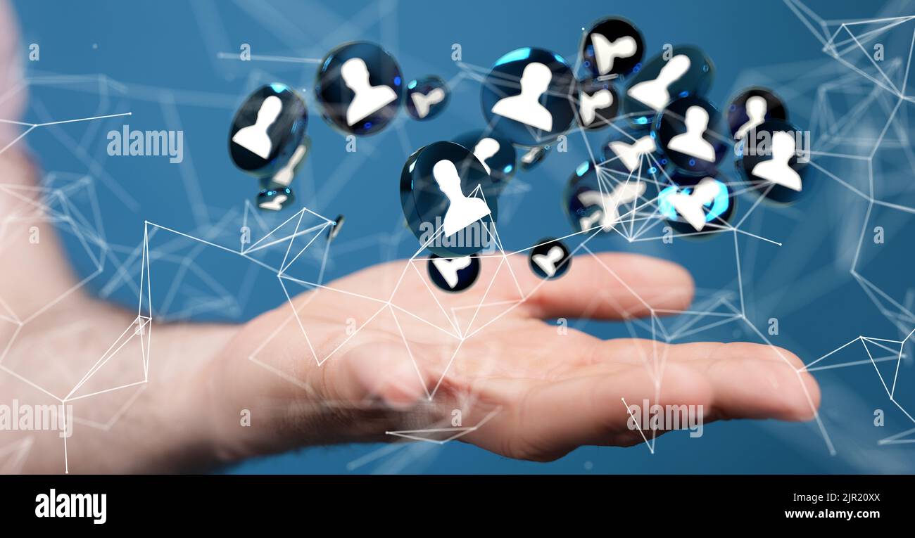 A 3d rendering of connected profile icons floating on a palm of a hand Stock Photo - Alamy