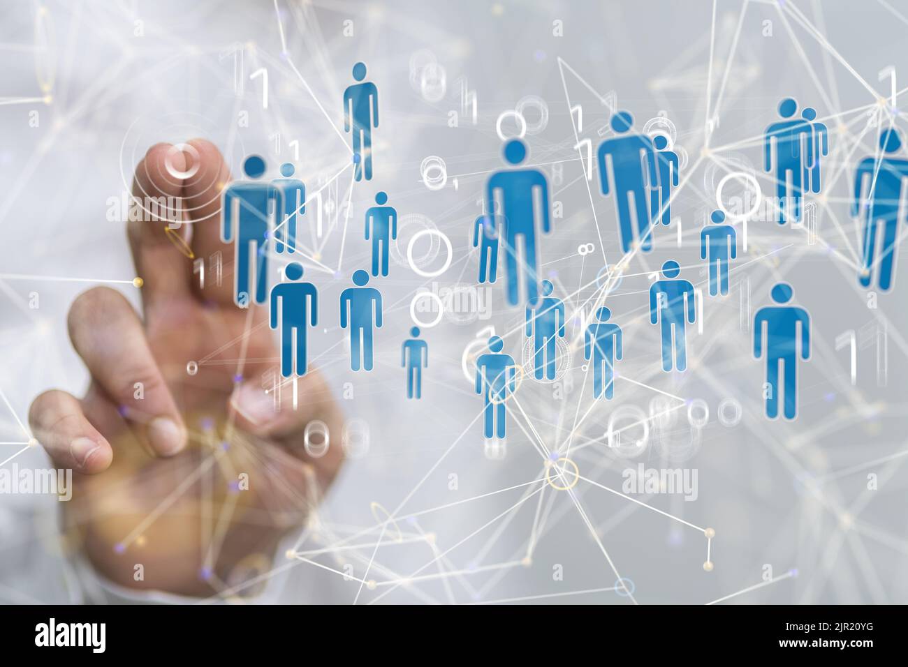 A finger touching a 3d rendering of floating connected profile icons Stock Photo - Alamy