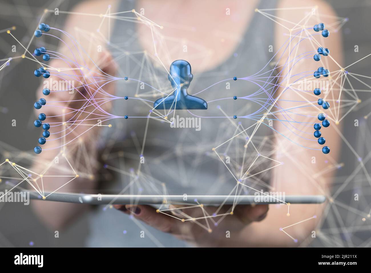 A 3d rendering of connected profile icons floating on a palm of a hand Stock Photo - Alamy