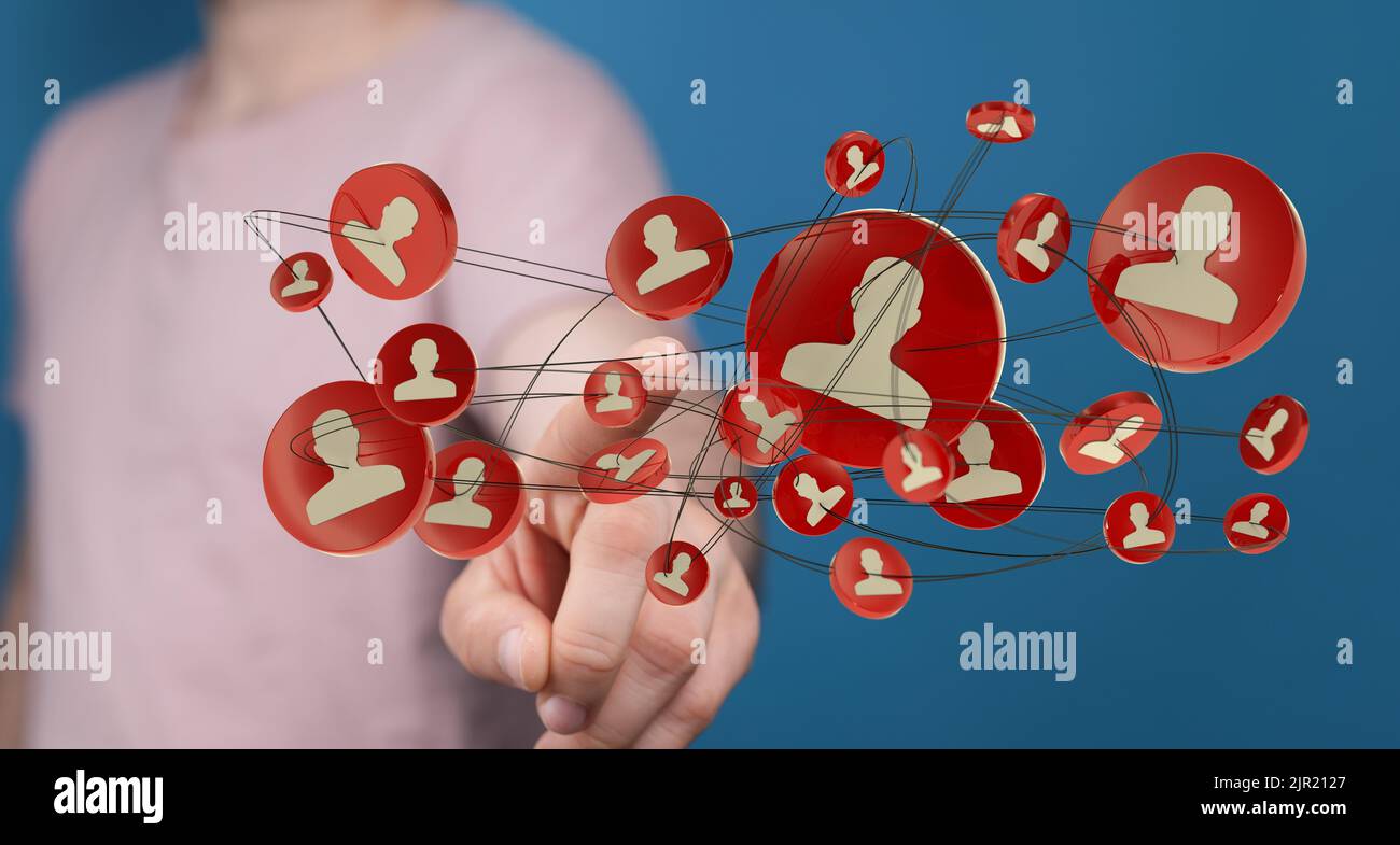 A finger touching a 3d rendering of floating connected profile icons Stock Photo - Alamy