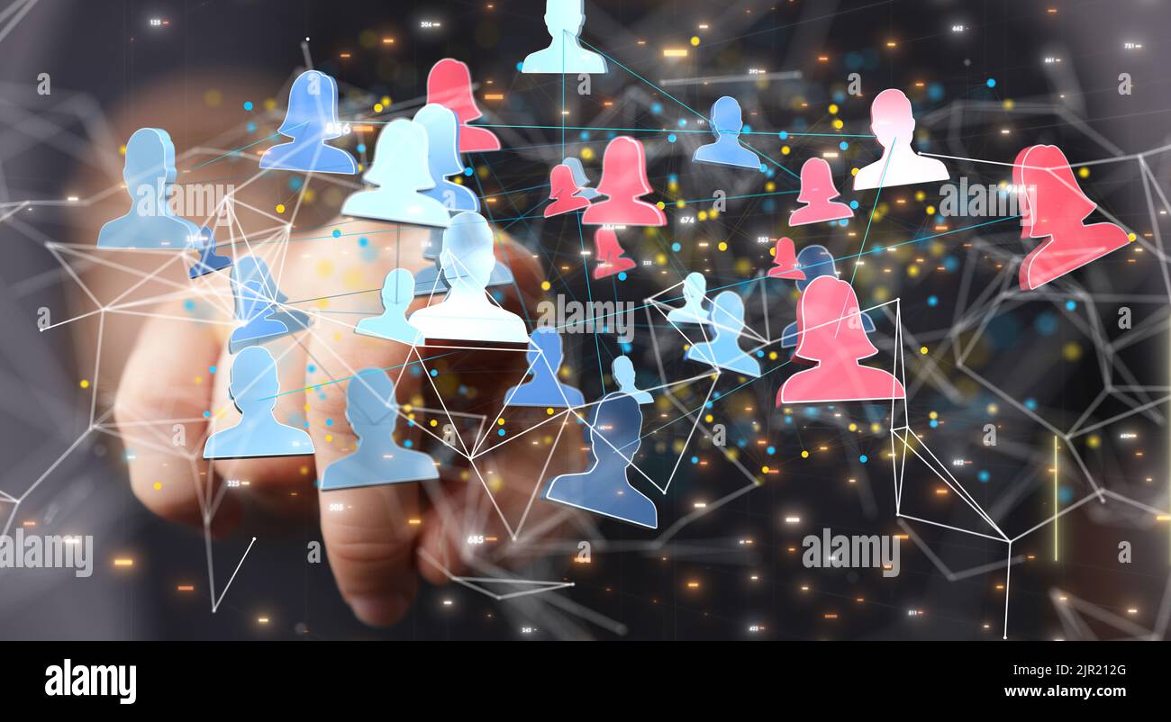 A finger touching a 3d rendering of floating connected profile icons Stock Photo - Alamy