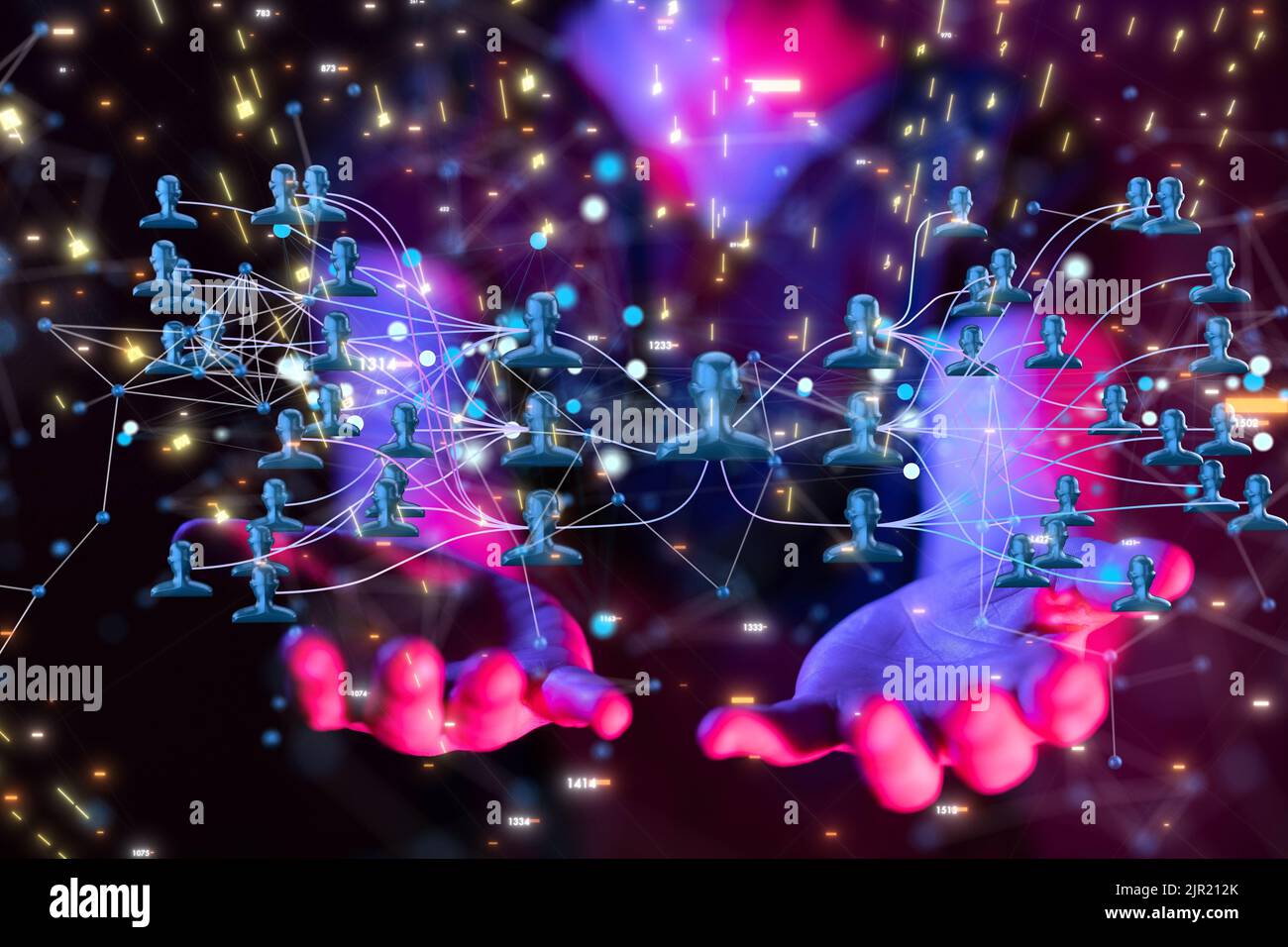 A 3d rendering of connected profile icons floating on a palm of a hand ...