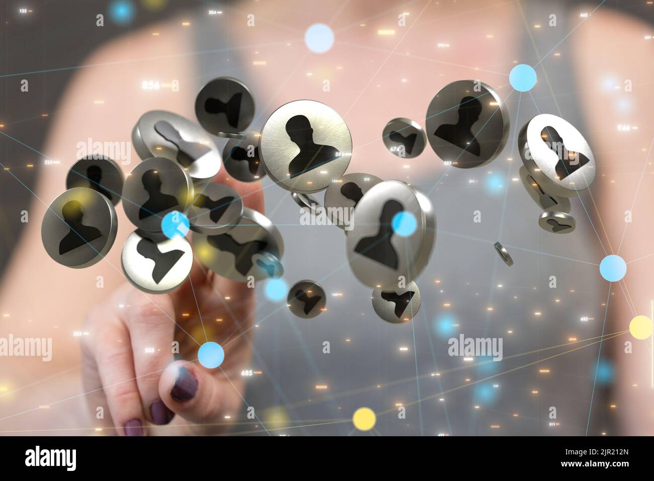 A finger touching a 3d rendering of floating connected profile icons Stock Photo - Alamy