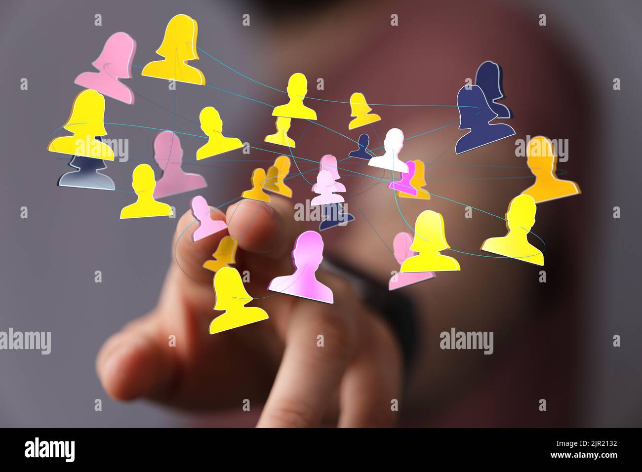 A finger touching a 3d rendering of floating connected profile icons Stock Photo - Alamy