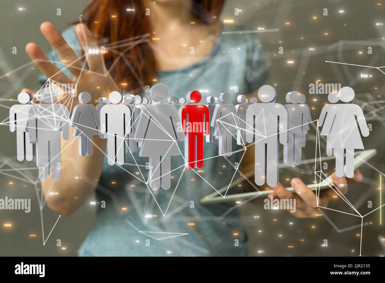 A finger touching a 3d rendering of floating connected profile icons Stock Photo - Alamy