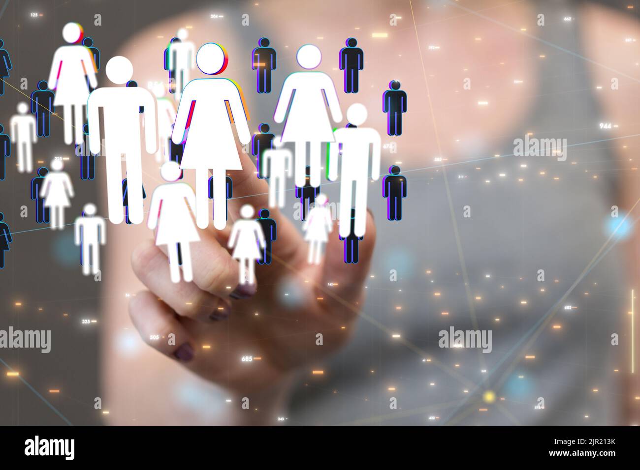 A finger touching a 3d rendering of floating connected profile icons Stock Photo - Alamy