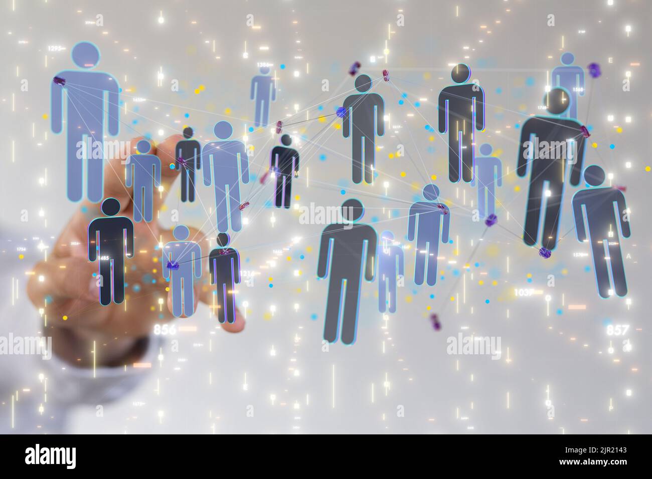 A finger touching a 3d rendering of floating connected profile icons Stock Photo - Alamy