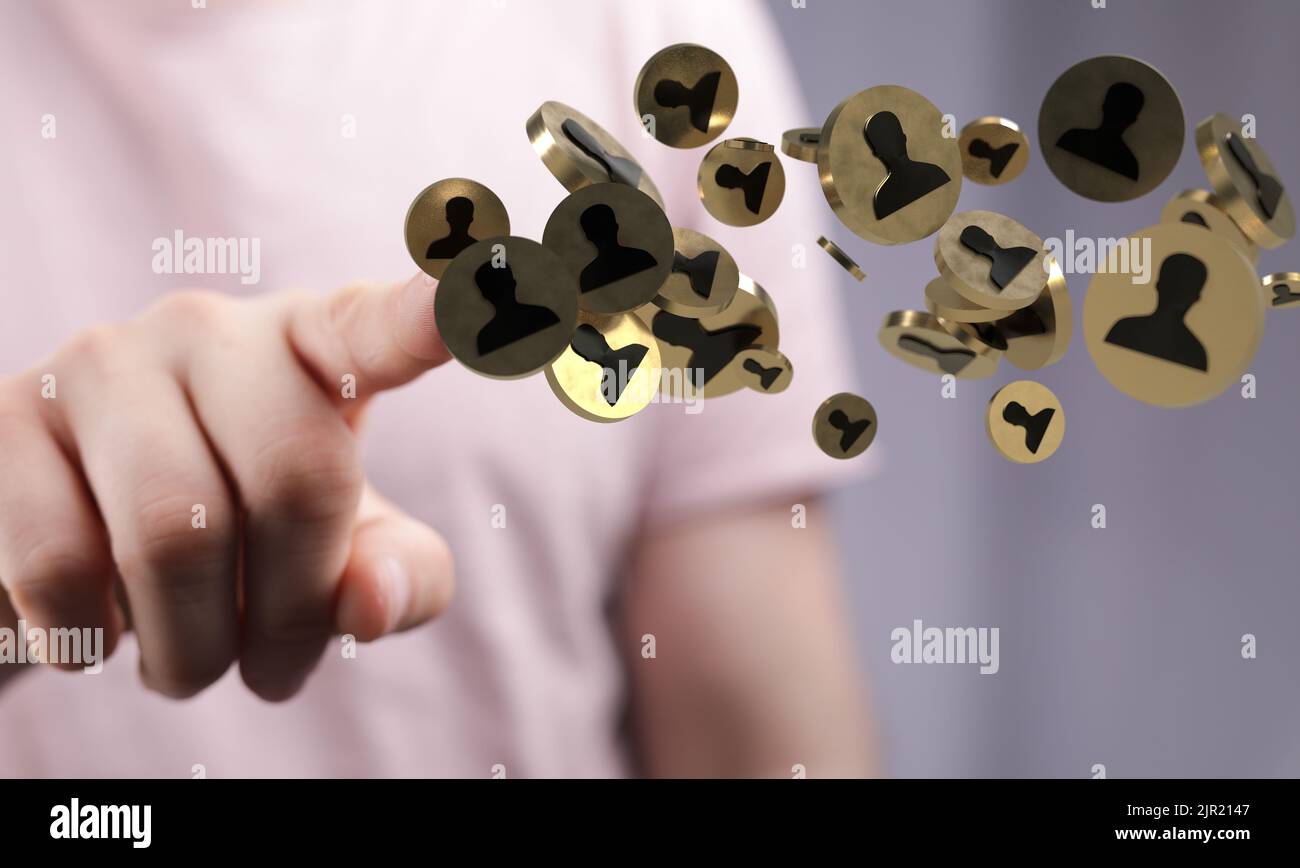 A finger touching a 3d rendering of floating connected profile icons Stock Photo - Alamy