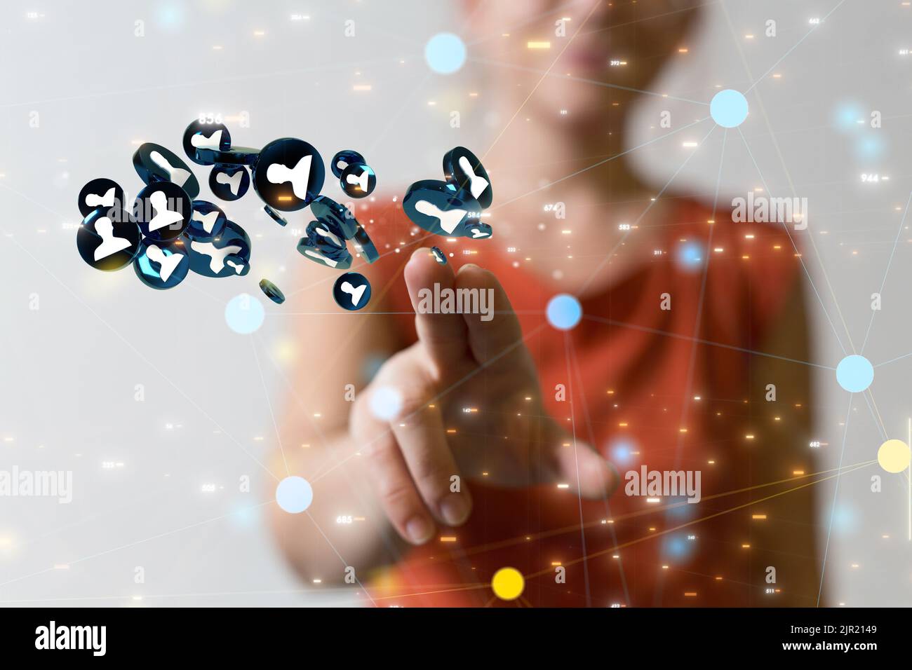 A finger touching a 3d rendering of floating connected profile icons Stock Photo - Alamy