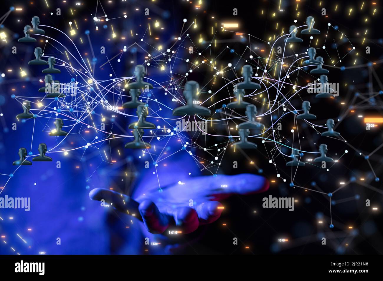 A 3d rendering of floating connected profile icons on a palm of a hand Stock Photo - Alamy