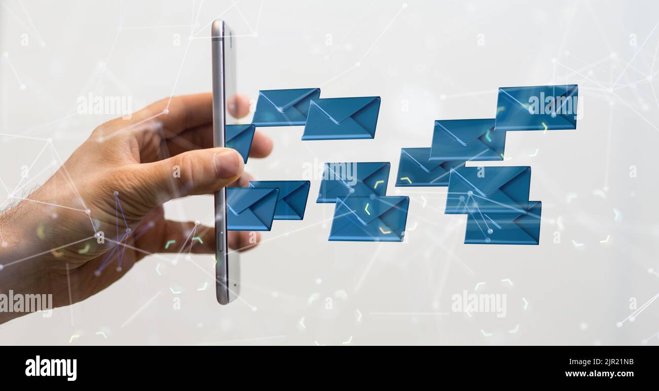 A 3d rendering of floating connected message icons on a phone Stock Photo - Alamy