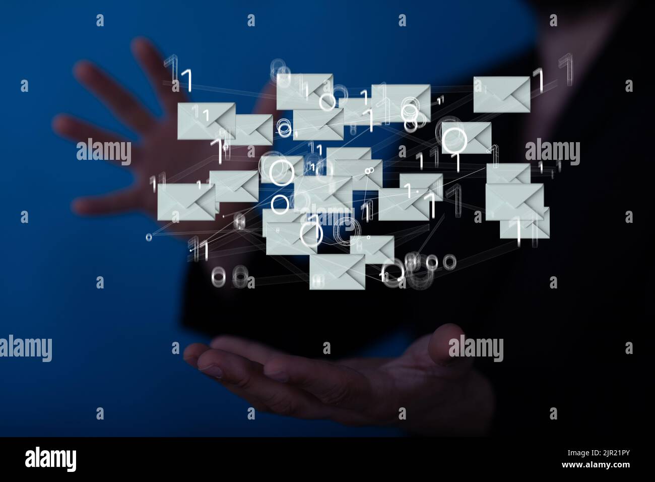 A 3d rendering of floating connected message icons on a palm of a hand Stock Photo - Alamy