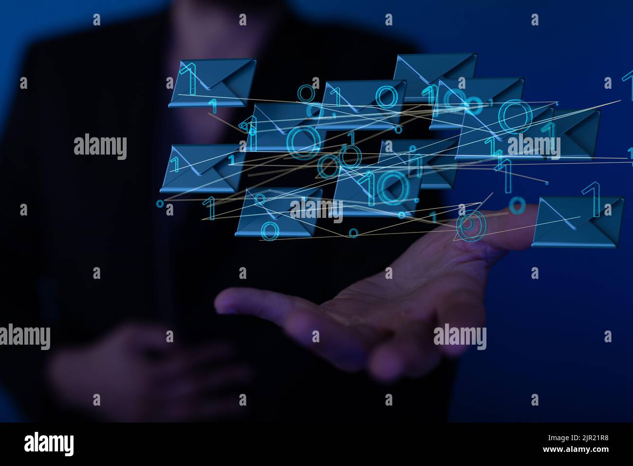 A 3d rendering of floating connected message icons on a palm of a hand Stock Photo - Alamy