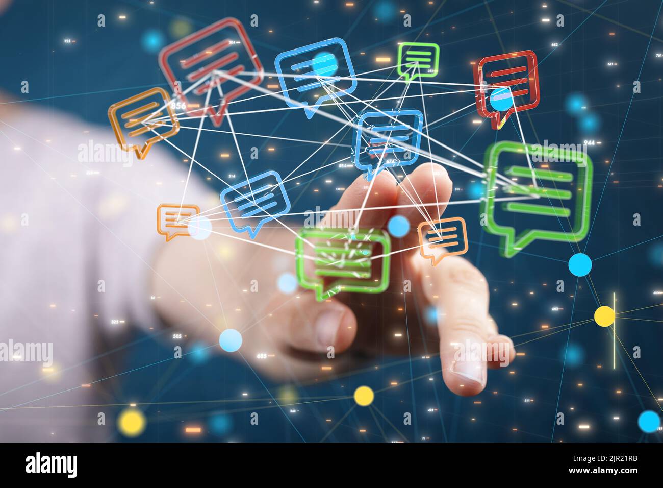 A finger touching a 3d rendering of floating connected message icons Stock Photo - Alamy