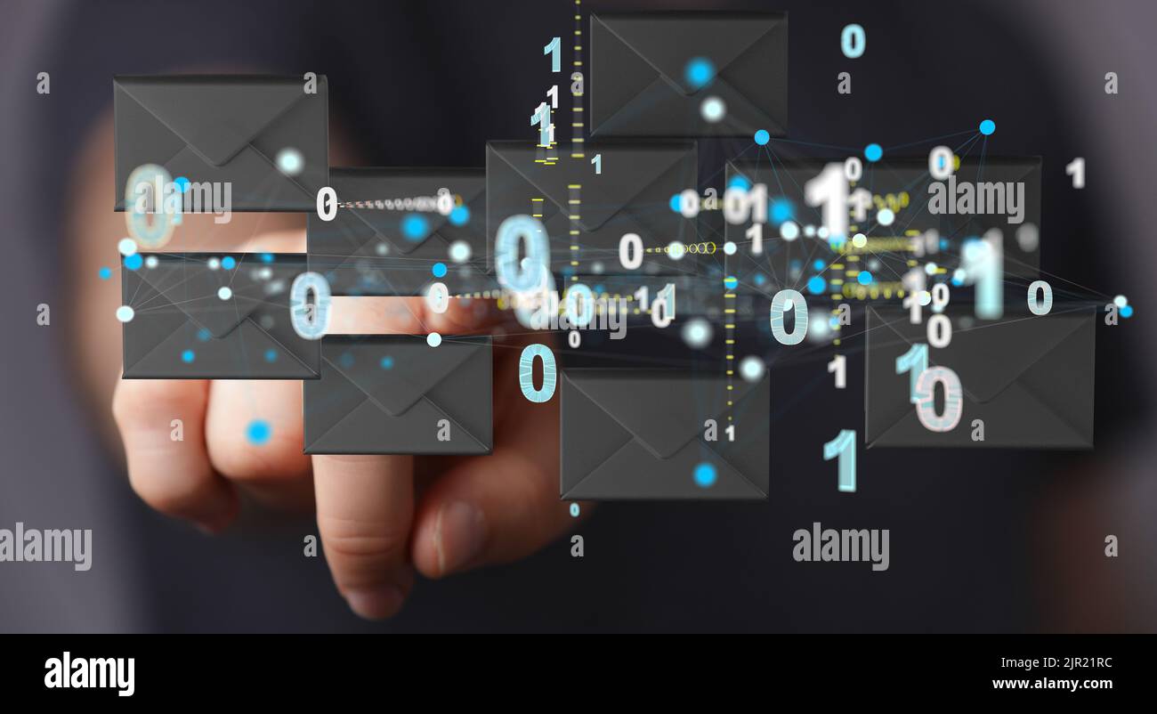 A finger touching a 3d rendering of floating connected message icons Stock Photo - Alamy