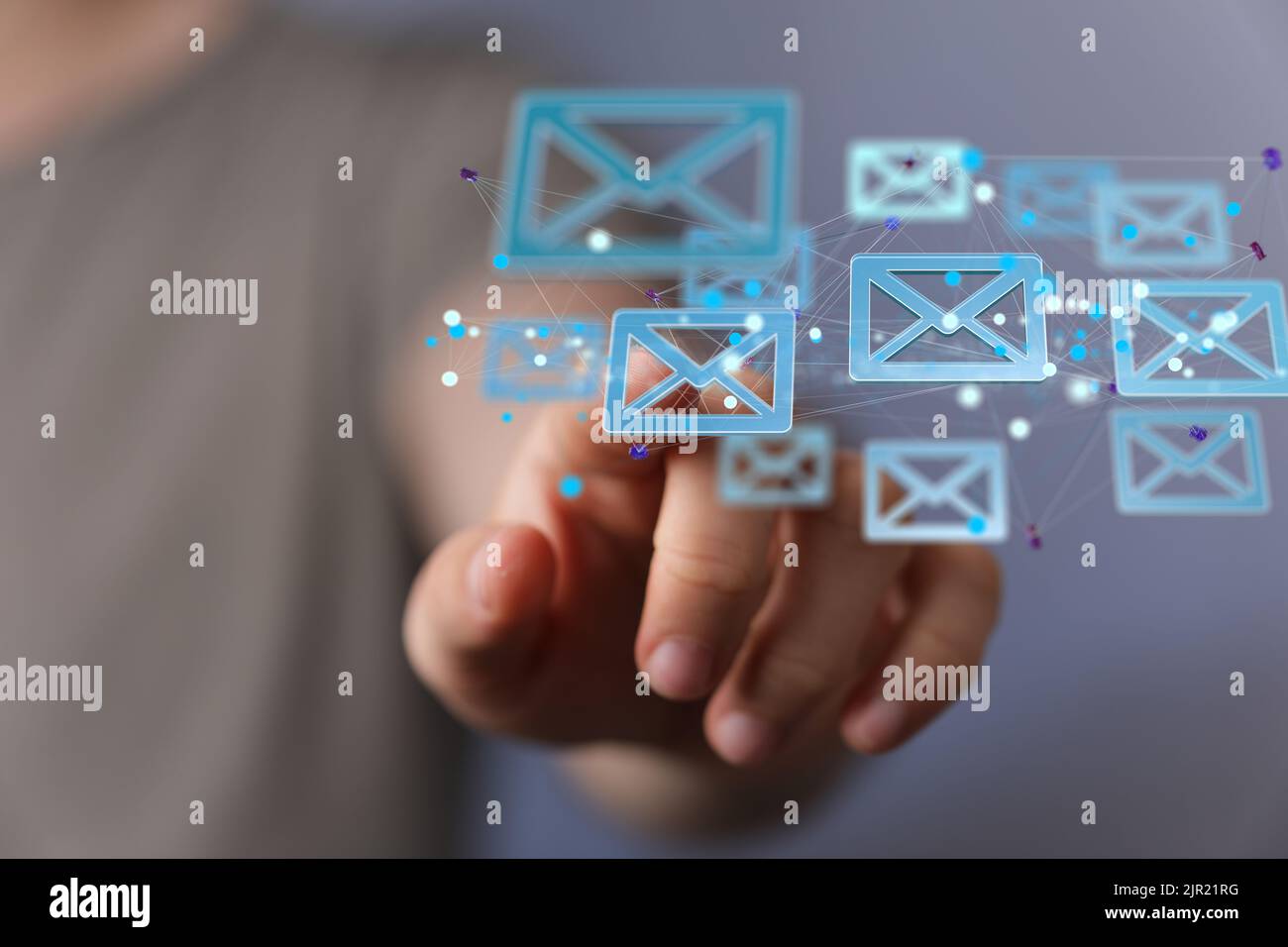 A finger touching a 3d rendering of floating connected message icons Stock Photo - Alamy