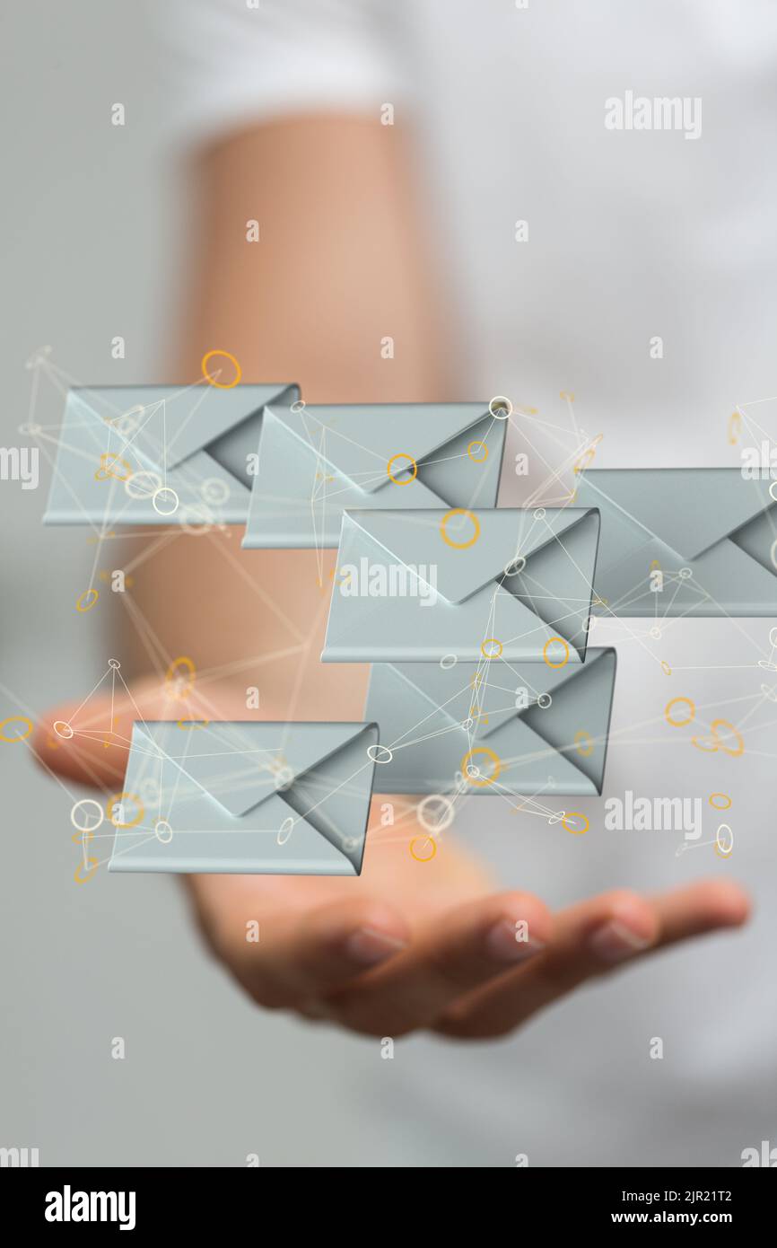 A 3d rendering of floating connected message icons on a palm of a hand Stock Photo - Alamy