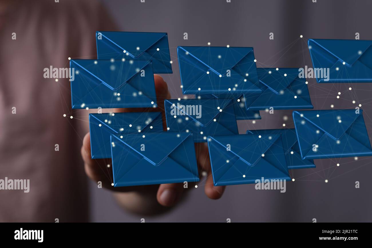A finger touching a 3d rendering of floating connected message icons Stock Photo - Alamy