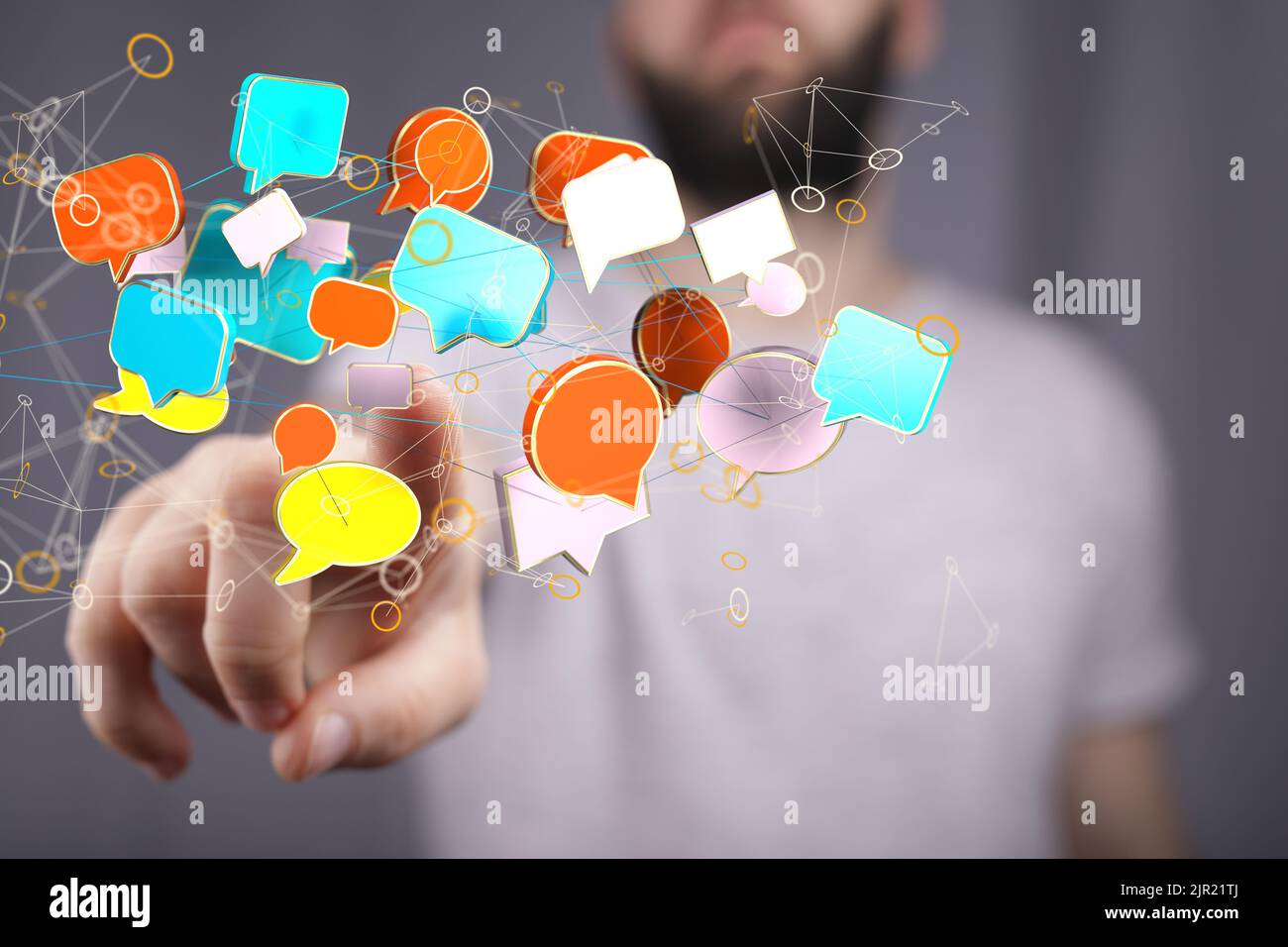 A finger touching a 3d rendering of floating connected message icons Stock Photo - Alamy