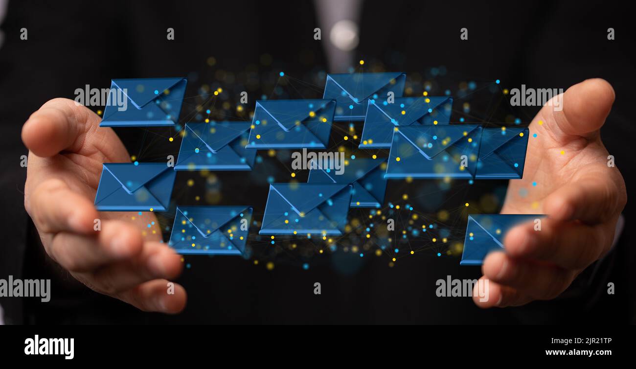 A 3d rendering of floating connected message icons on a palm of a hand Stock Photo - Alamy