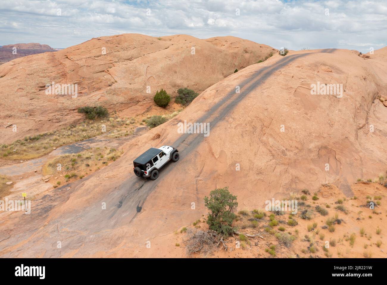 An aerial view of a Jeep on the Little Lion's Back Traill over Navajo ...