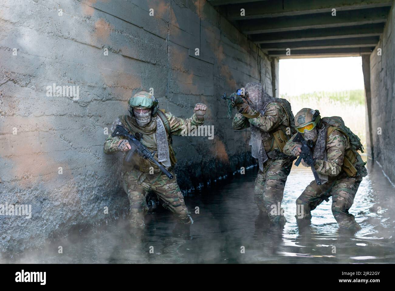 Mercenary soldiers infiltrate an underground bunker. The concept of ...