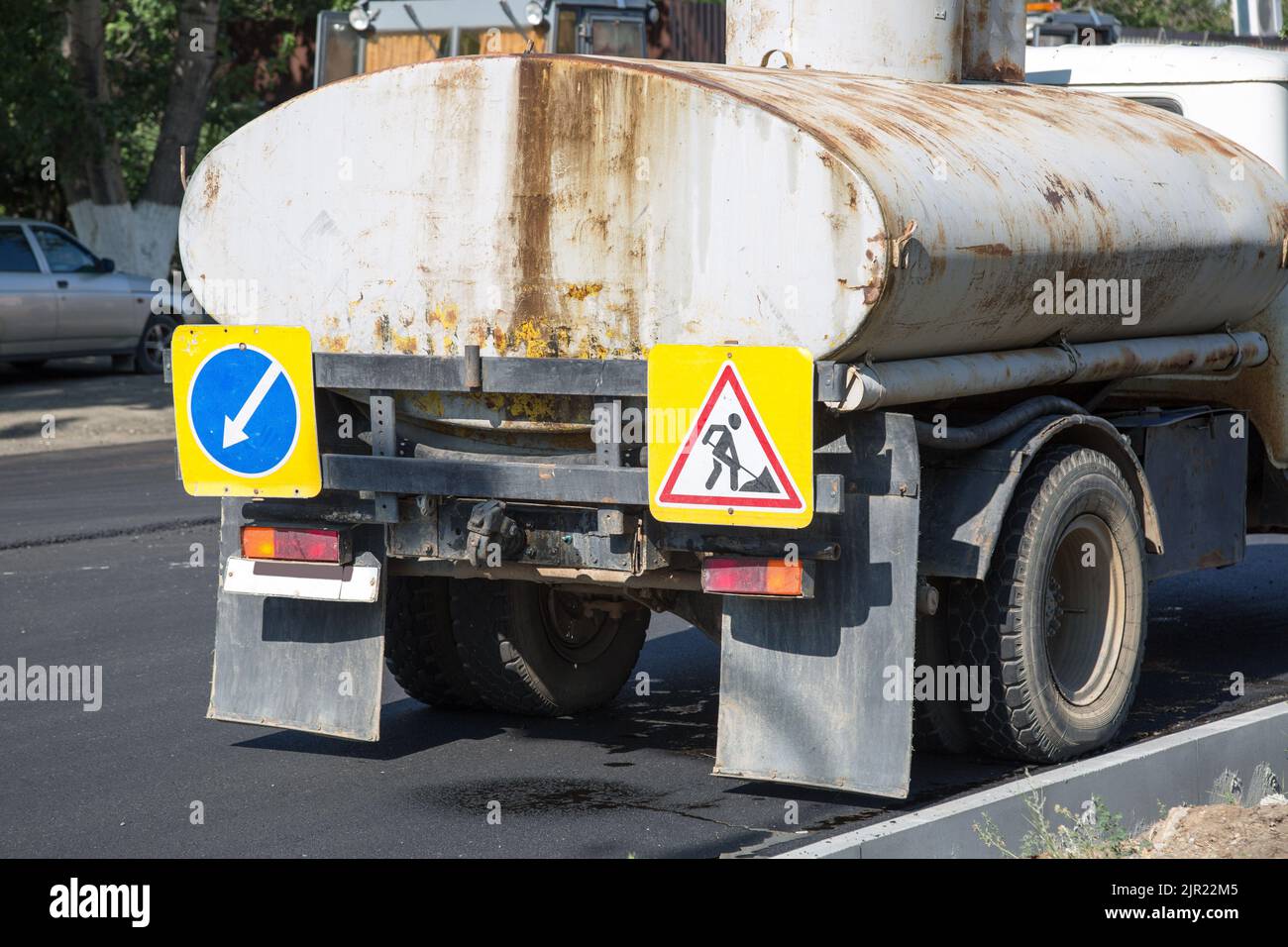 Car signs Road works and Detour fixed board the car Stock Photo - Alamy