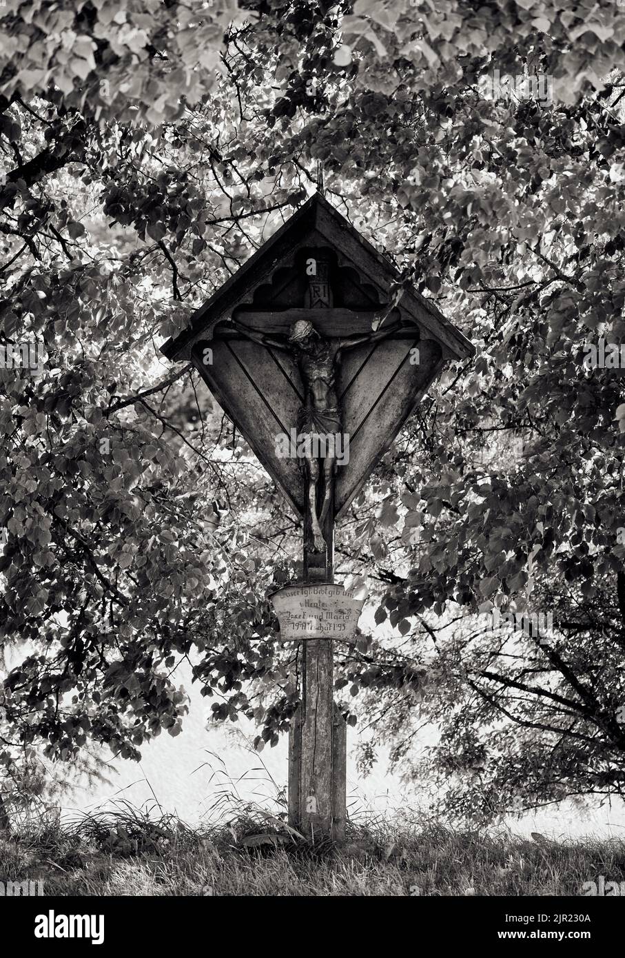 A vertical grayscale shot of a wooden Jesus statue in a park surrounded ...