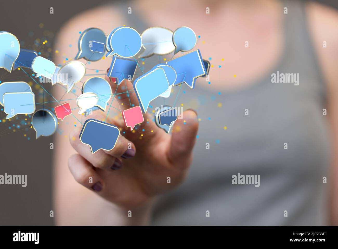 A female's hand touching floating 3D icons of chats Stock Photo - Alamy