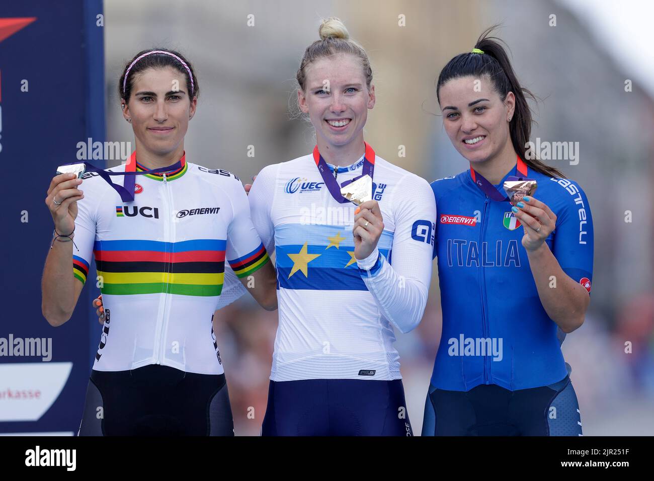 MUNICH, GERMANY - AUGUST 21: Elisa Balsamo of Italy, Lorena Wiebes of The Netherlands, Rachele ...