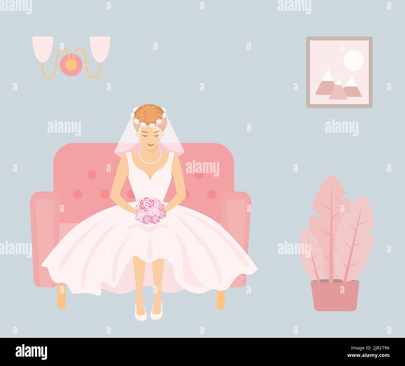 Bride in wedding dress and with bouquet. Vector illustration. Cartoon ...