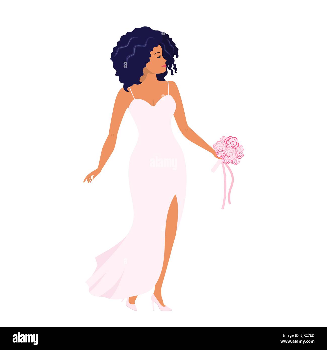 African American bride in wedding dress and with bouquet on white ...